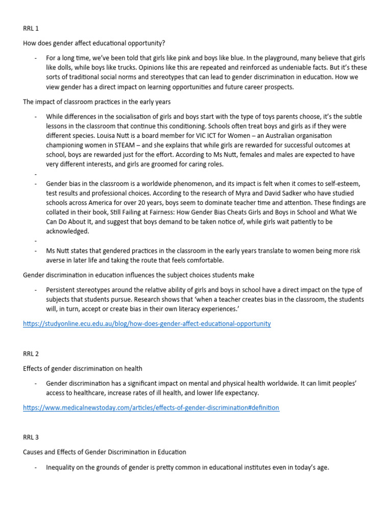Practical Research RRL 1 RRL | PDF | Gender Inequality | Gender Studies