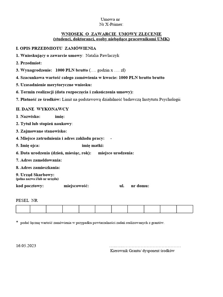 Wniosek o Zawarcie Umowy | PDF