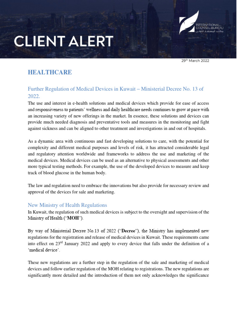 Healthcare Client Alert KUWAIT | PDF | Medical Device | Medicine