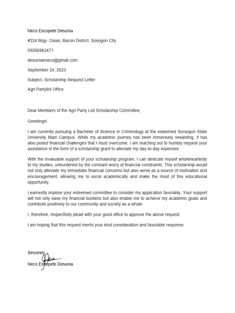 Letter of Request - Neco Desunia | PDF | Social Science
