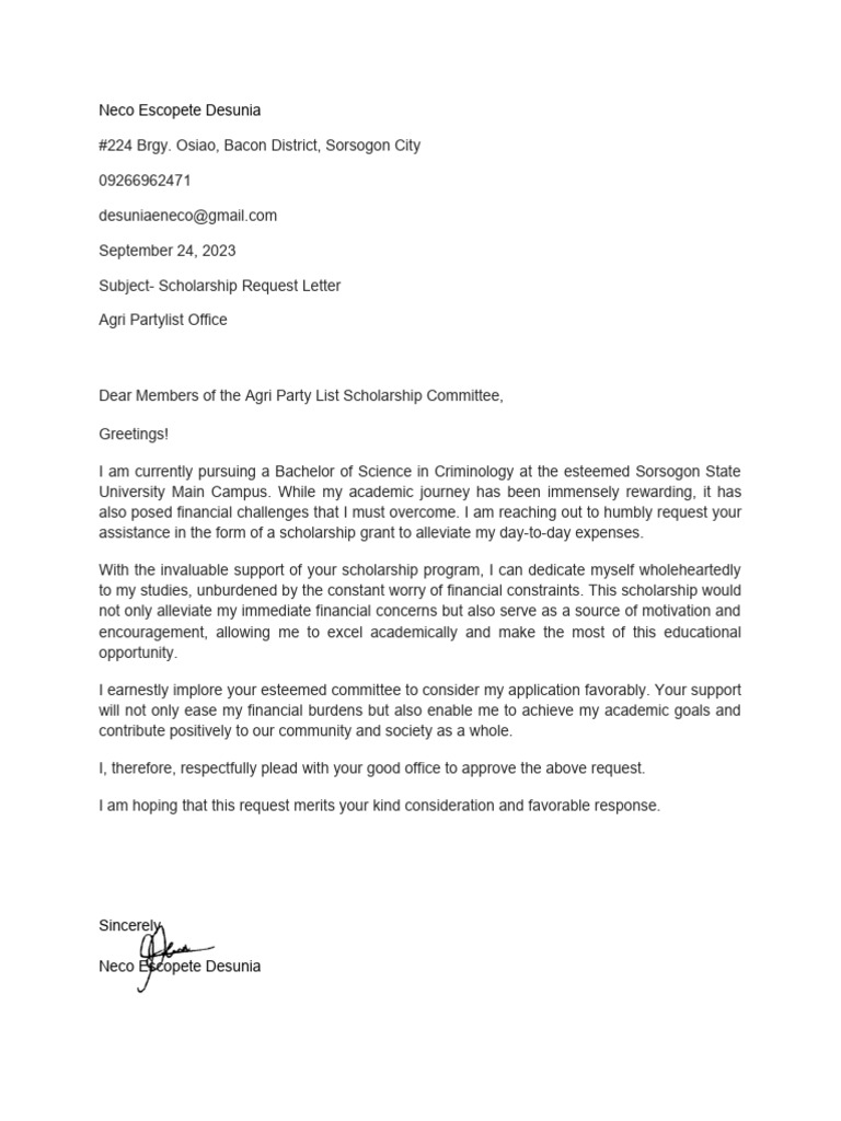 Letter of Request - Neco Desunia | PDF