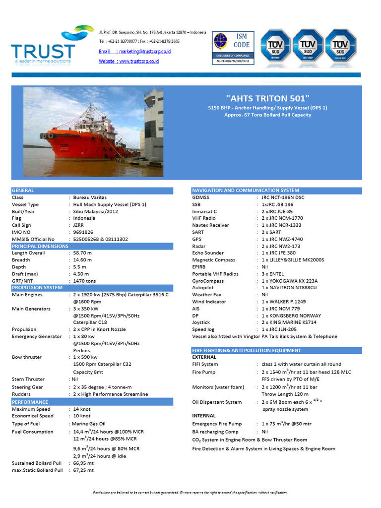 AHTS Triton 501 Vessel Specifications | PDF | Water Transport ...
