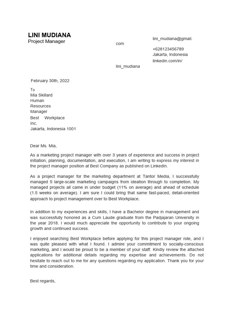 Cover Letter - Project Manager | PDF