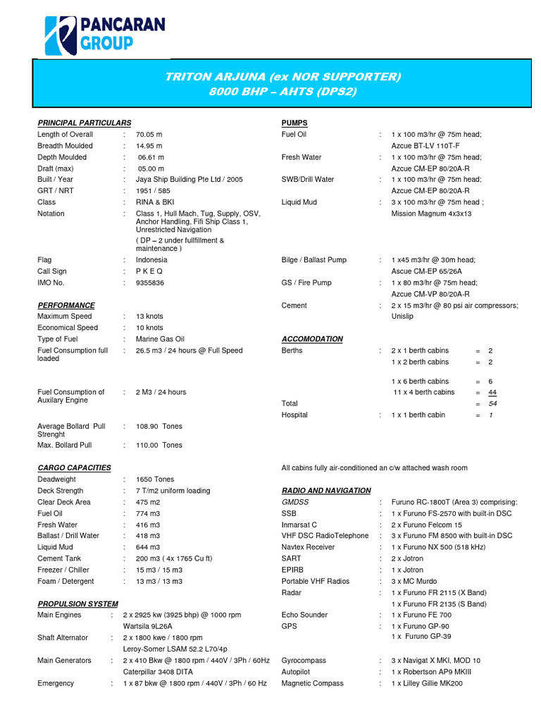 Ship Particular AHTS Triton Arjuna | PDF