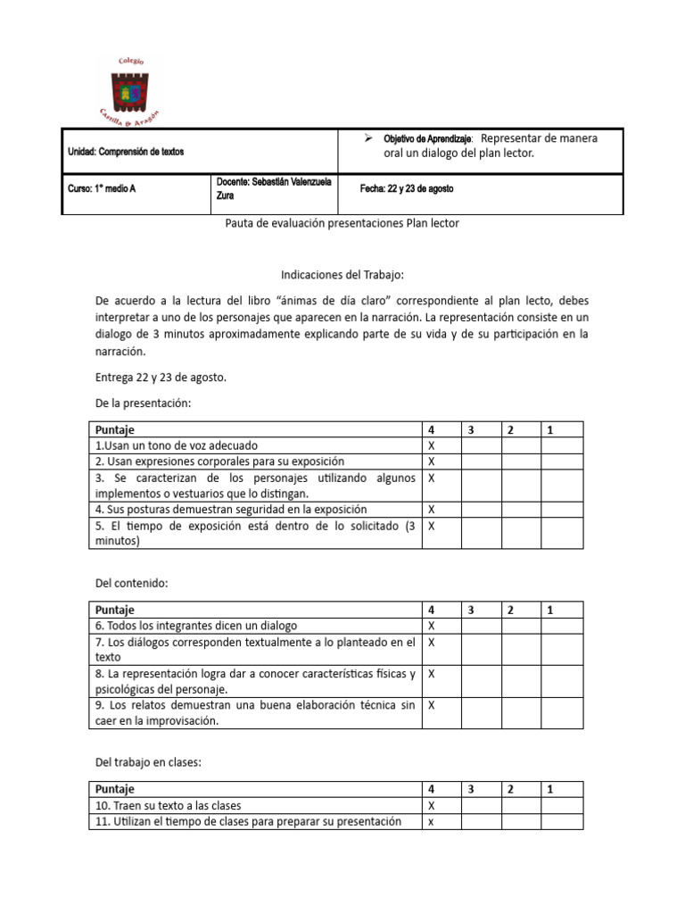 Pauta de Evaluación Presentaciones Plan Lector | PDF