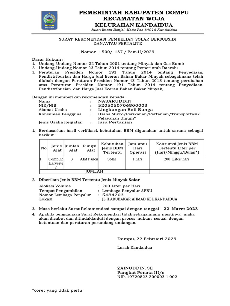 Surat Rekomendasi Pembelian Solar Bersubsidi Dan | PDF