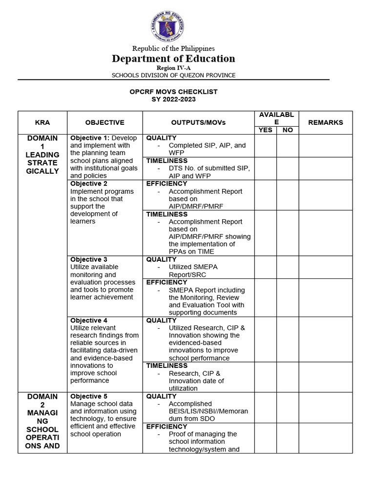 OPCRF MOVs CHECKLIST SY 2022 2023.EDITTED | PDF | Educational Assessment | Teachers