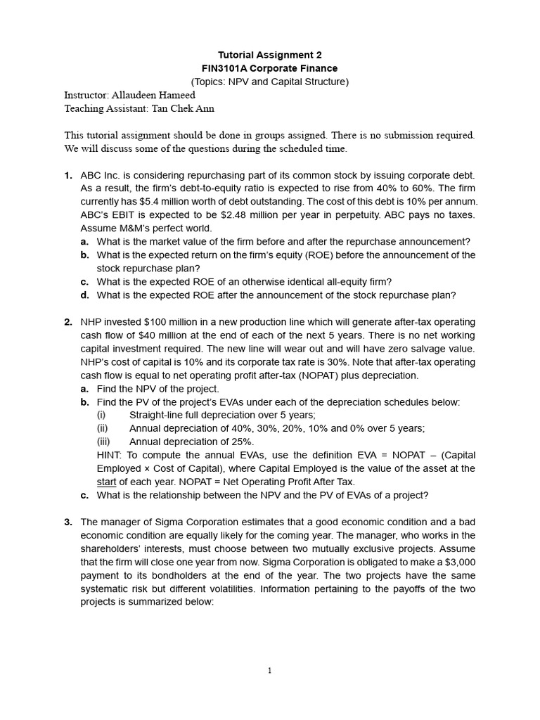 Corporate Finance Tutorial: NPV & Capital Structure | PDF