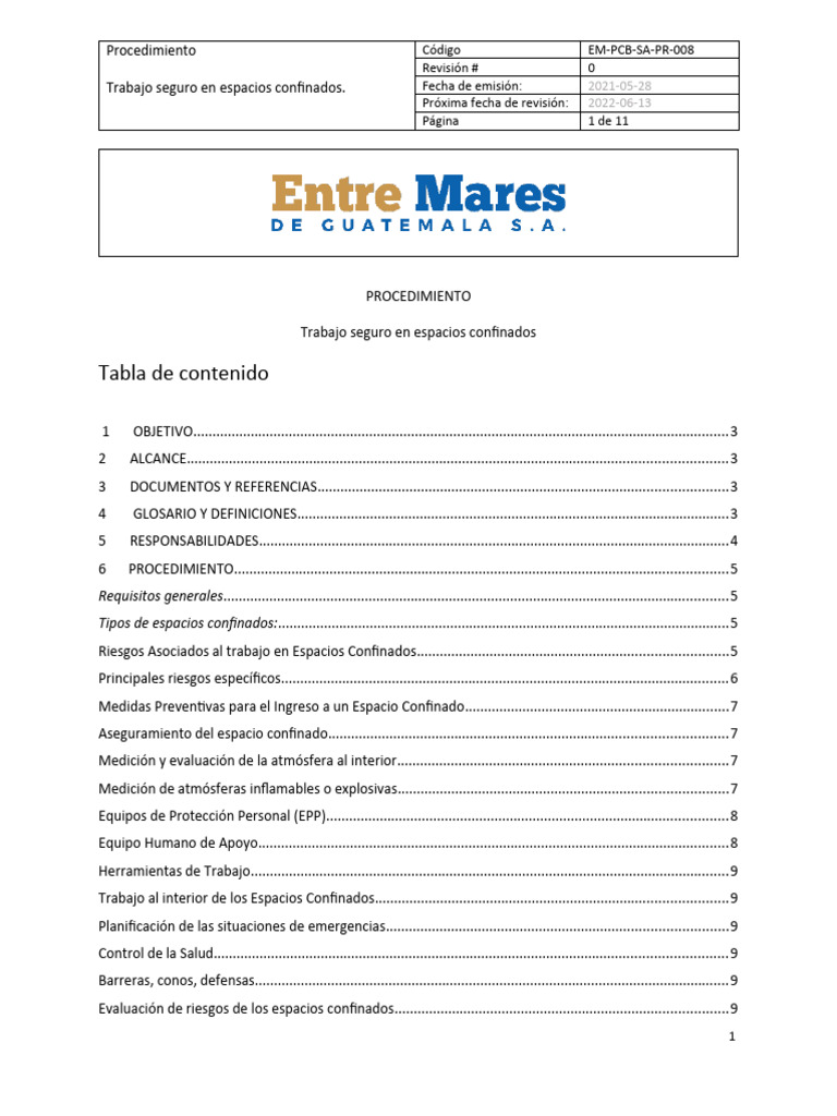 EM-PCB-SA-PR-008 Trabajo Seguro en Espacios Confinados | PDF
