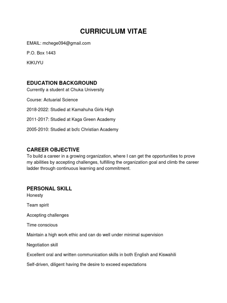Actuarial Science CV of Kenyan Student | PDF