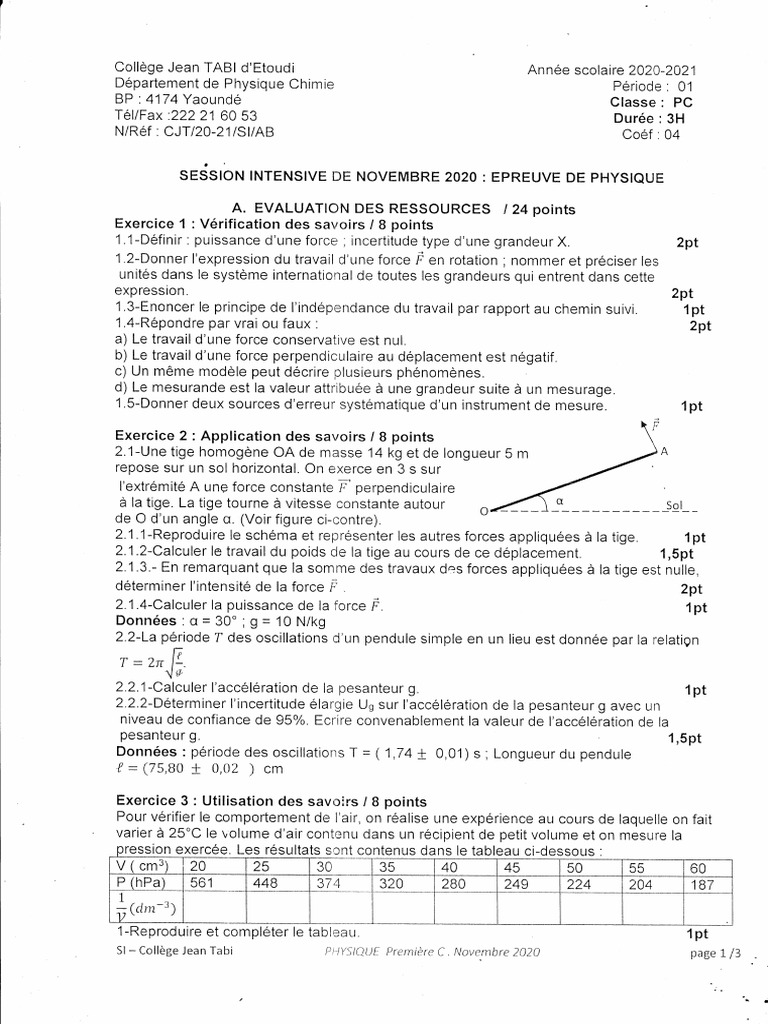 College_JEAN_TABI_Epreuve_de_Physique_Chimie_Premiere_C_Annee_2021 | PDF