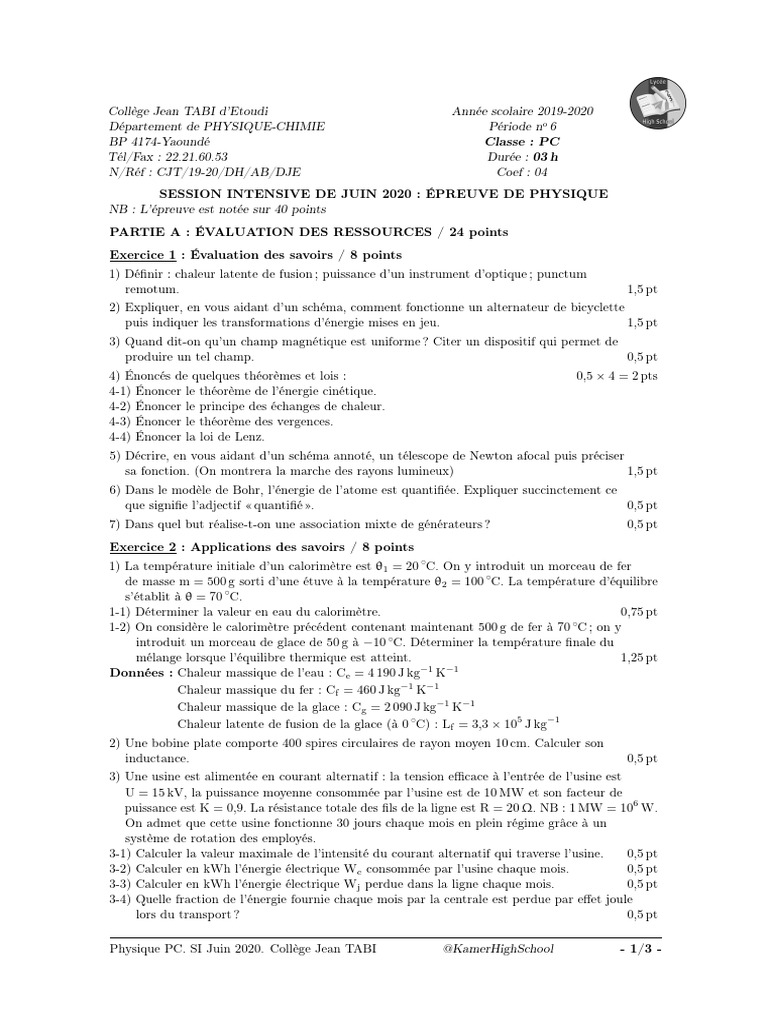 College JEAN TABI Epreuve de Physique Premiere C Annee 2021 | PDF
