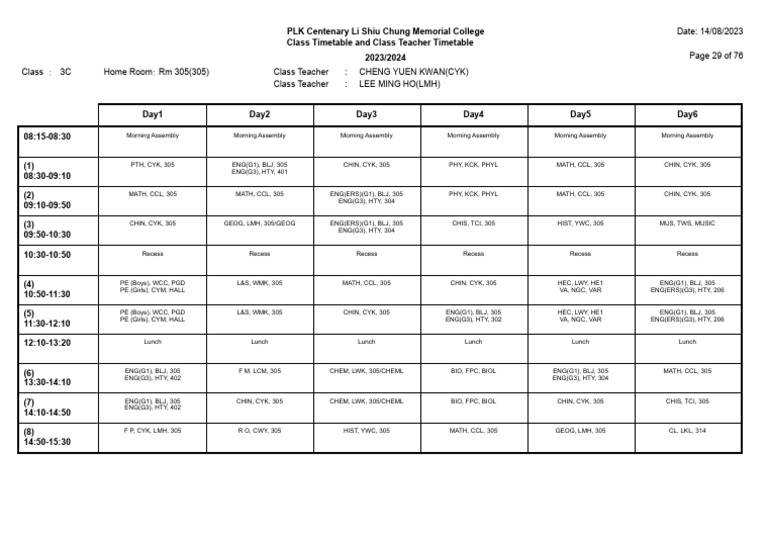 3C Timetable for Bowen Secondary School | PDF