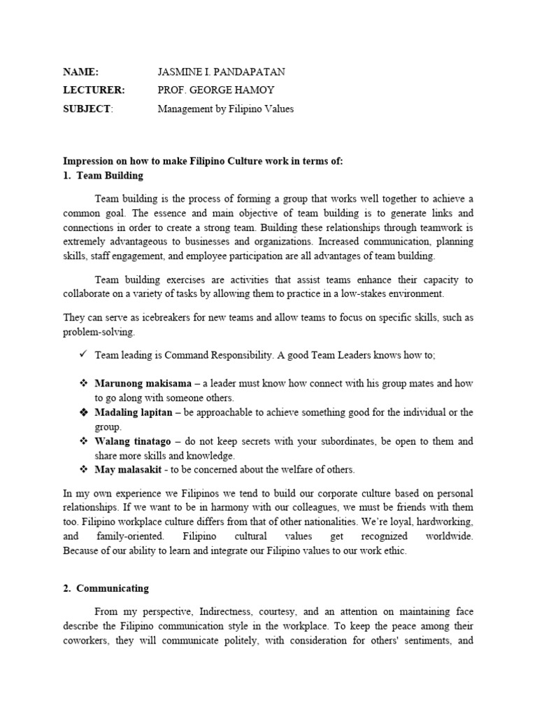 Impression in Filipino Culture Work | PDF | Team Building | Communication