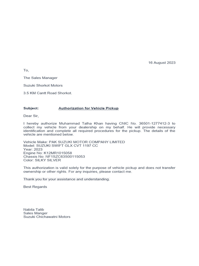 Authority Letter For Vehicle Pickup PDF | PDF