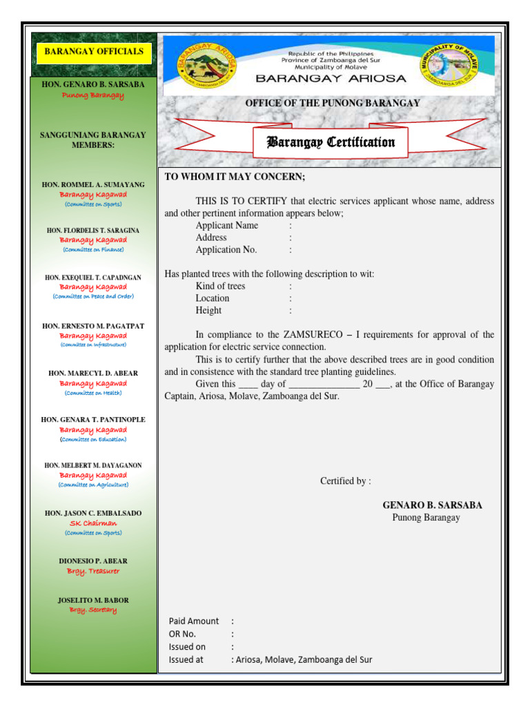 Barangay Certification Tree Planting of Zamsureco | PDF
