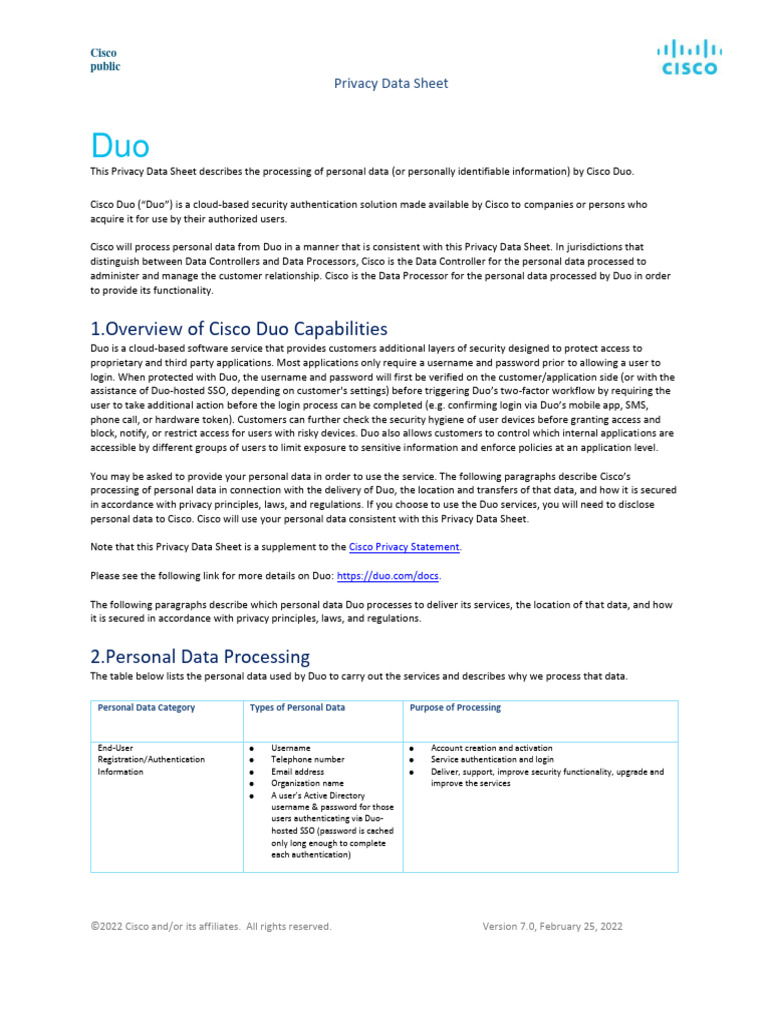 Cisco Duo Privacy Data Sheet | PDF | Security | Computer Security