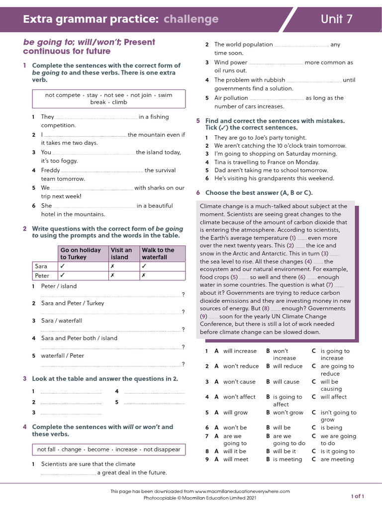 A2 U7 Extra Grammar Practice Challenge | PDF