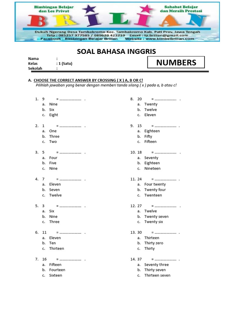 Soal Bahasa Inggris Kelas 1 SD Bab Angka-Angka (Numbers) - Pilihan Ganda - WWW - Bimbelbrilian ...