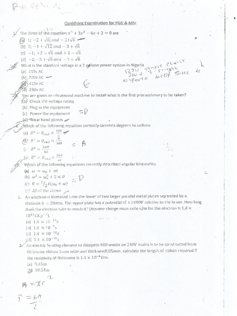 Biomedical Engineer Past Questions | PDF