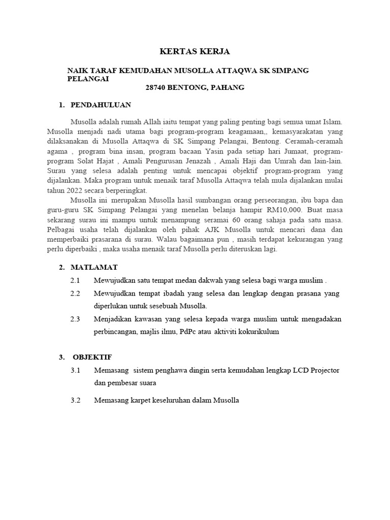 Kertas Kerja Mohon Sumbangan Surau | PDF