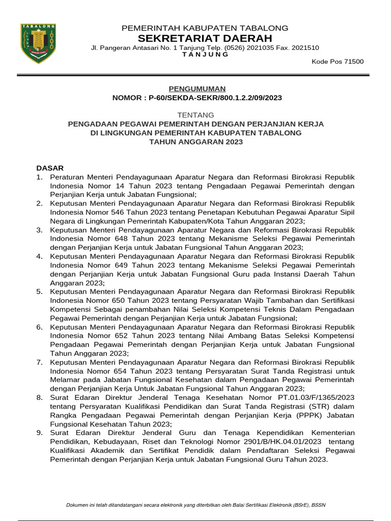 TTE-Pengumuman Pengadaan P3K JF 2023 | PDF