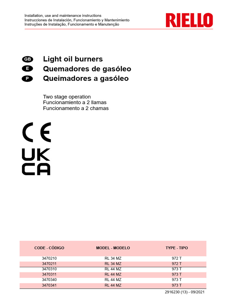RIELLO RL34 - 44 Installer ManuaL | PDF | Boiler | Valve