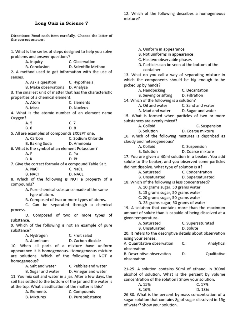 Long Quiz in Science 7 | PDF