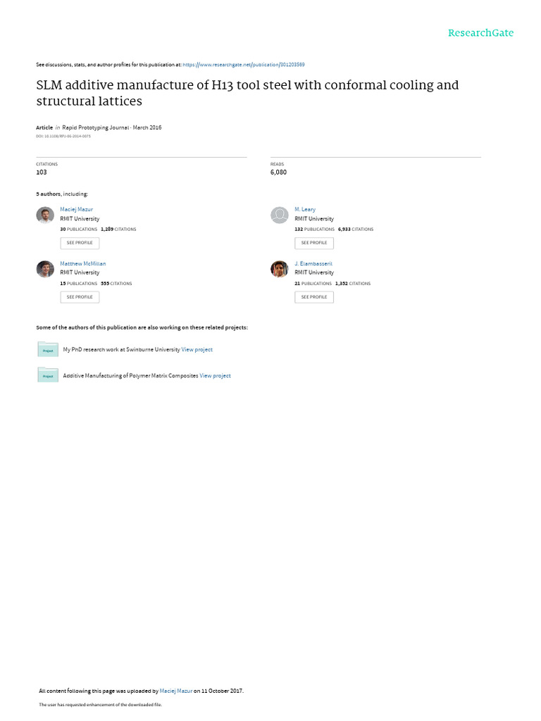 SLM Additive Manufacture of H13 Tool Steel With Conformal Cooling and ...