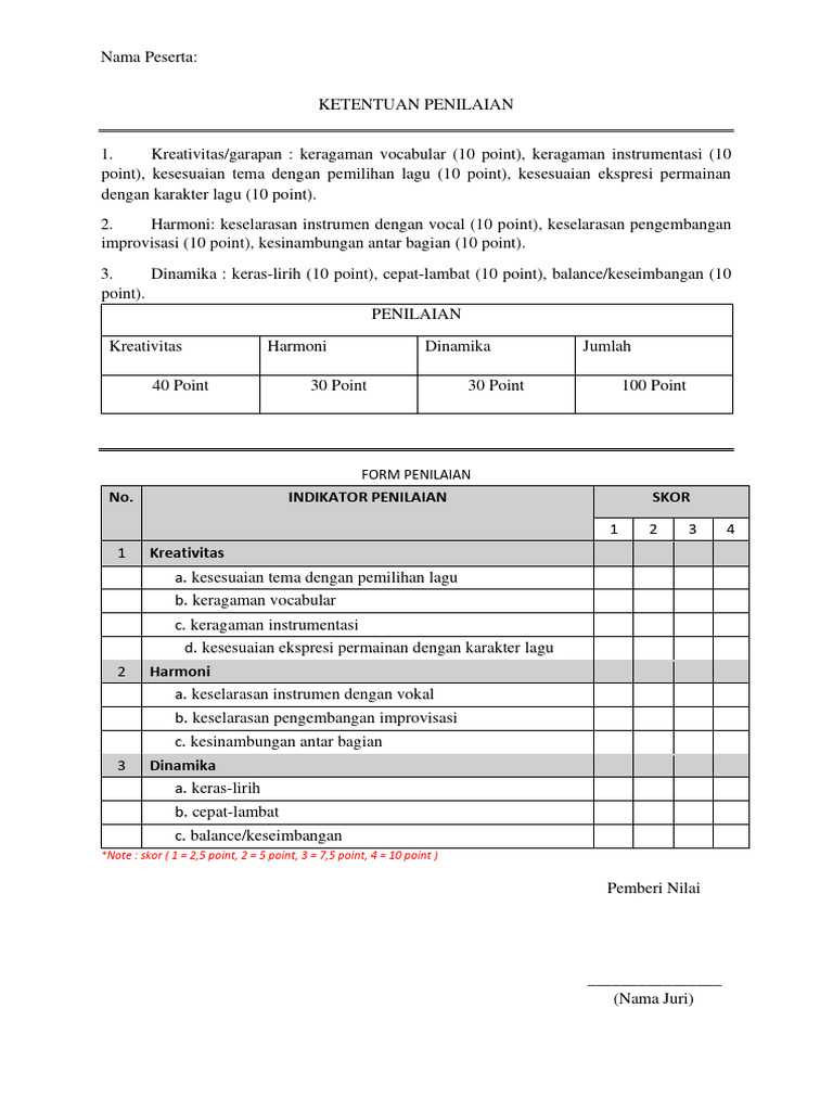 Form Penilaian Seni Musik Juri | PDF