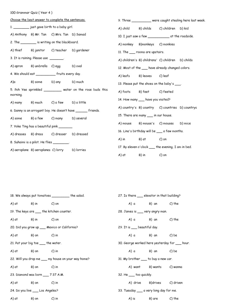 100 Grammar Quiz Year 4 | PDF