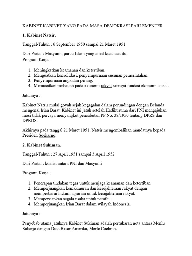 Kabinet Kabinet Yang Pada Masa Demokrasi Parlementer | PDF