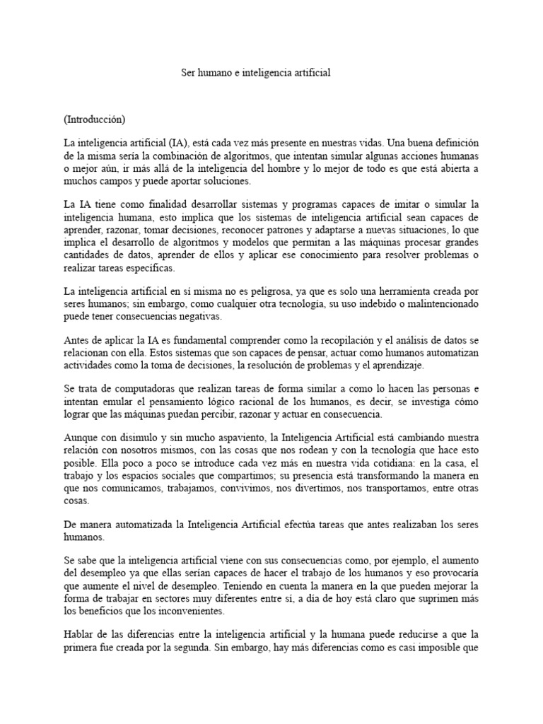 Ensayo de La Inteligencia Artificial y El Ser Humano | PDF | Inteligencia artificial ...