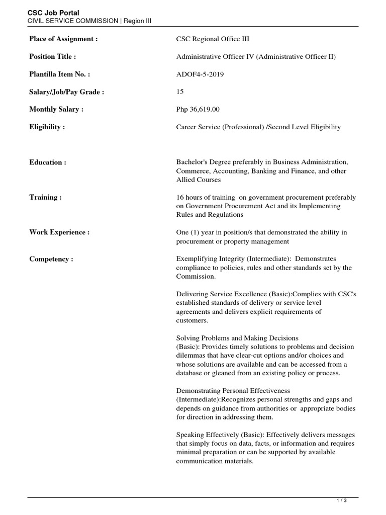 CIVIL SERVICE COMMISSION-Administrative Officer IV Administrative ...