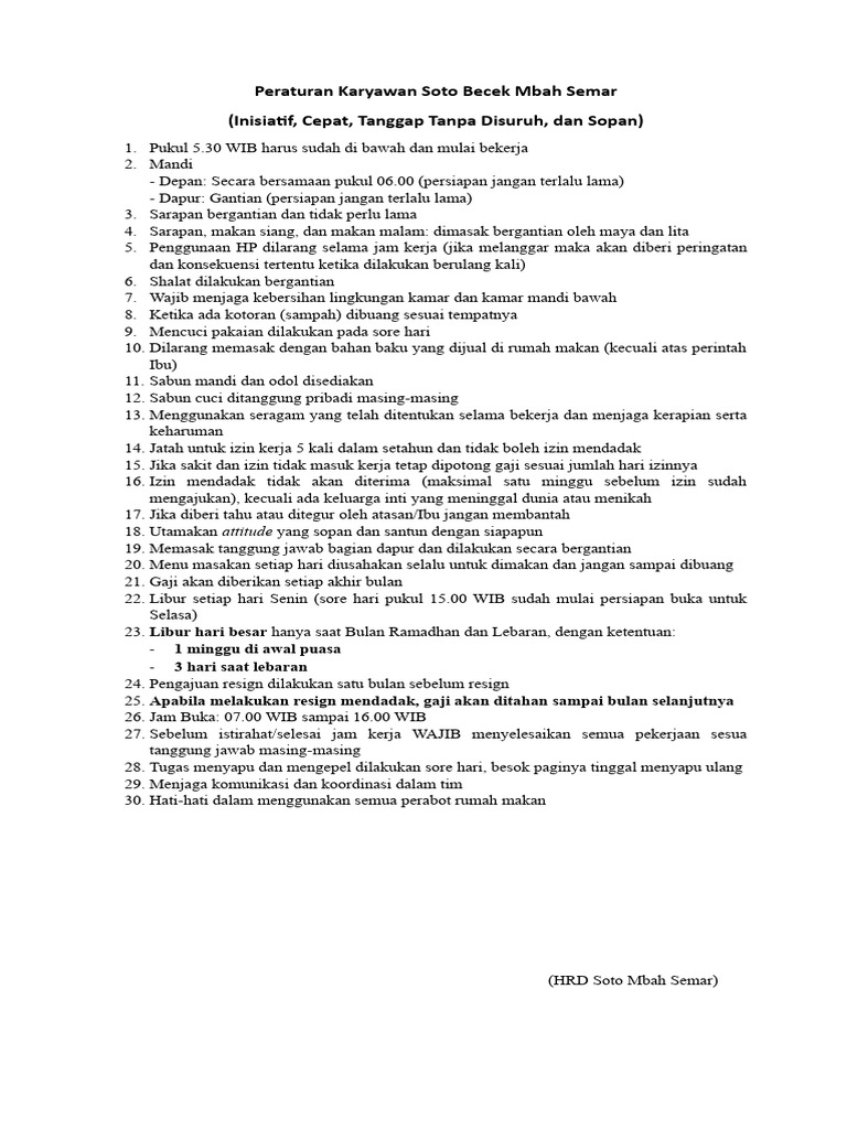 Peraturan Karyawan Soto Becek Mbah Semar | PDF