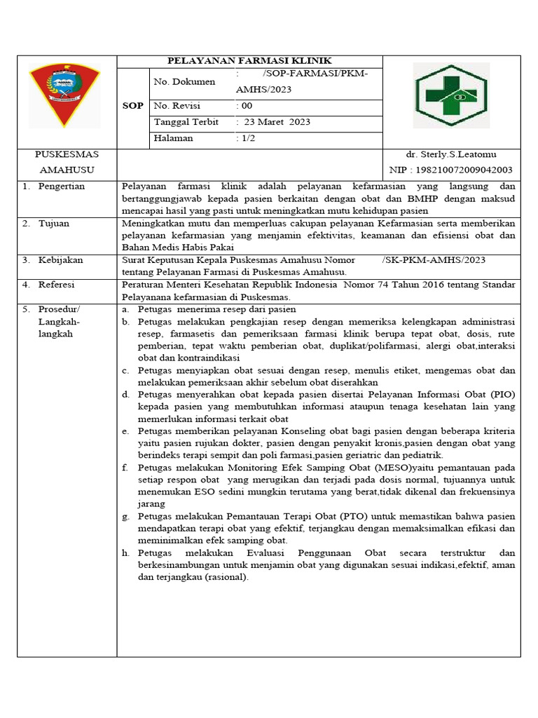 Sop Pelayanan Farmasi Klinik Pdf