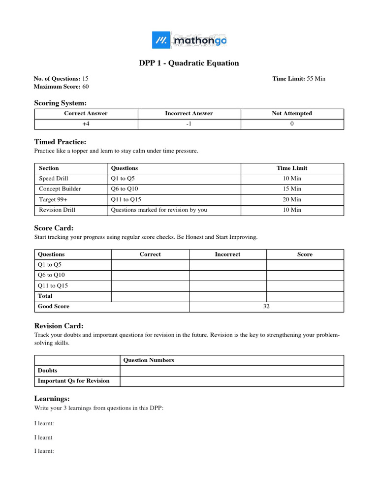 DPP 1: Quadratic Equations Practice | PDF