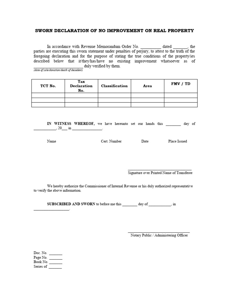 Sworn Declaration of No Improvement On Real Property | PDF | Finance ...