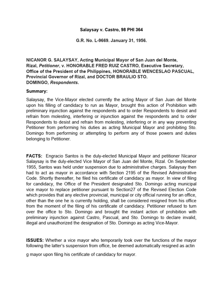 29-GD Salaysay V Castro, 98 PHI 364 | PDF | Mayor | Constitutional Law