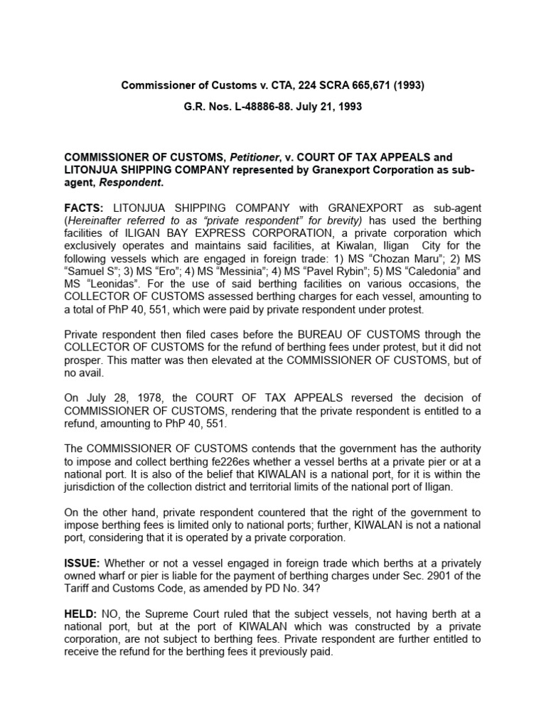 Customs Berthing Fees Dispute Ruling | PDF | Statutory Interpretation ...