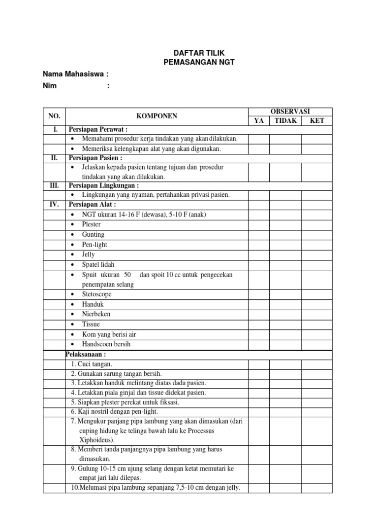 Daftar Tilik Pemasangan NGT | PDF