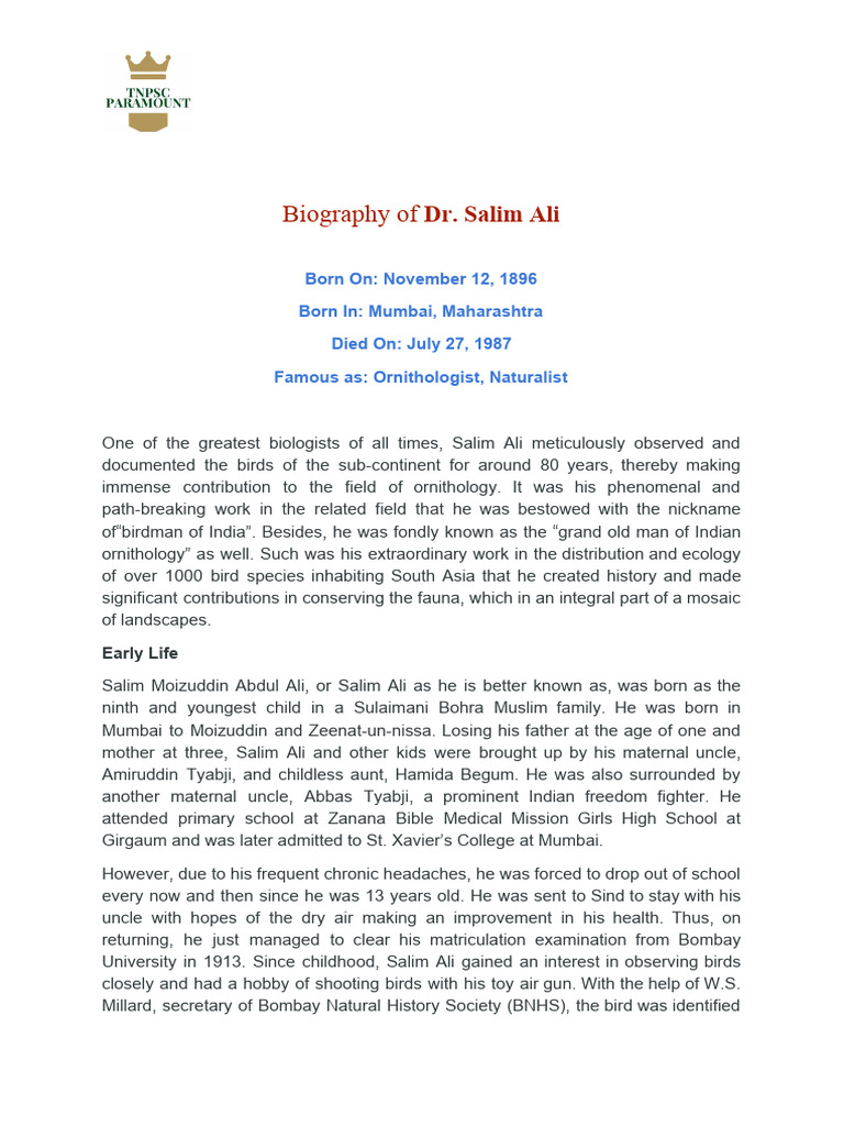 Biography of Dr. Salim Ali | PDF | Ornithology