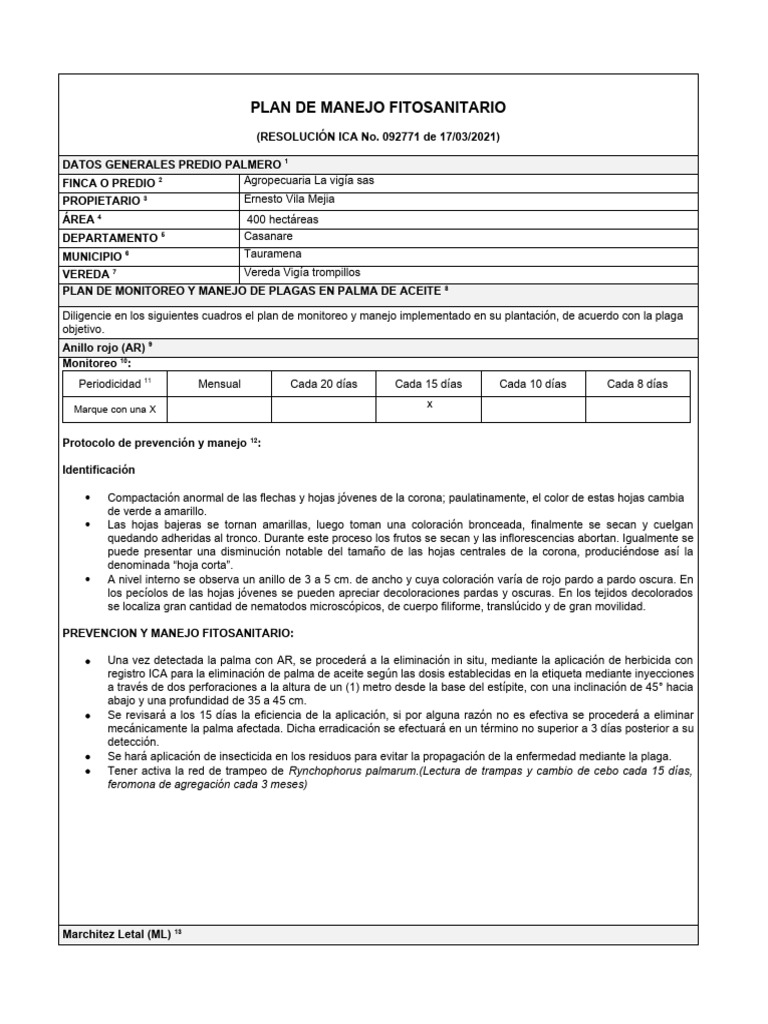 Forma Plan de Manejo Fitosanitario Ica Agropecuaria La Vigia Sas | PDF ...