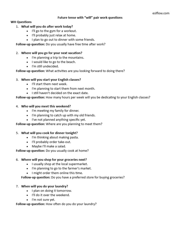 Future Tense With Will Pair Work Questions | PDF
