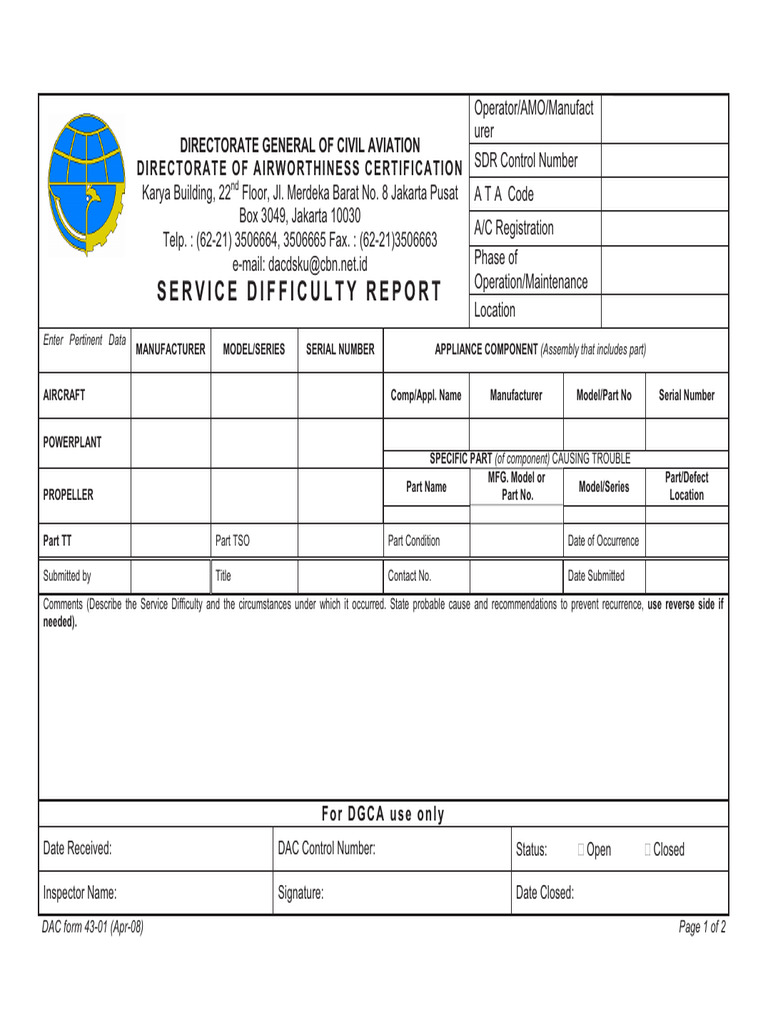 DAC Form 43-01 Service Difficulty Report | PDF