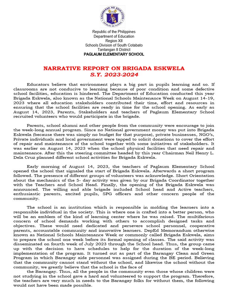 Brigada narrATIVE Report | PDF | Teachers