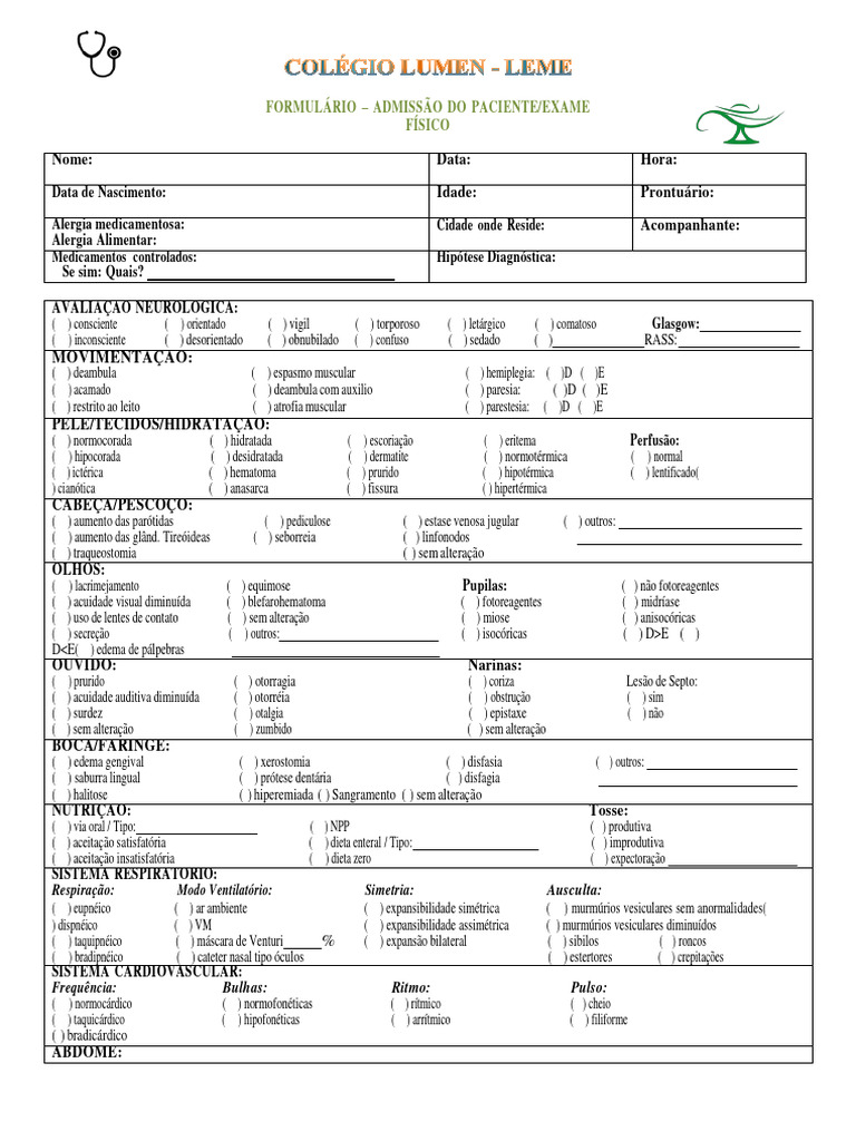 Formulário Admissão Do Paciente | PDF