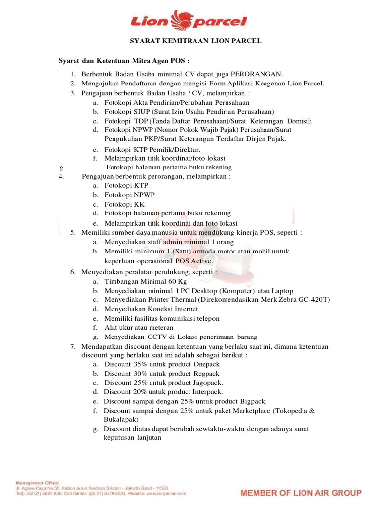 Syarat & Ketentuan Mitra POS Lion Parcel | PDF