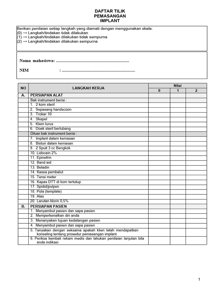BST Daftar Tilik Implant Helmiati.S | PDF