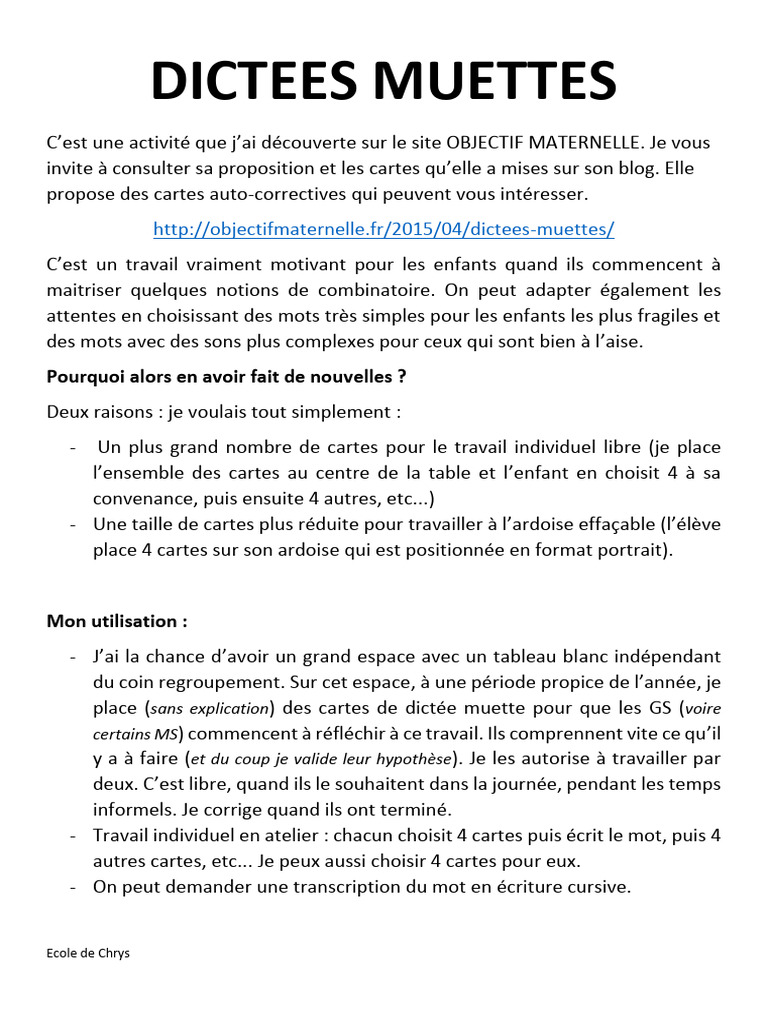 Dictée Muette 01 Ecole de Chrys | PDF